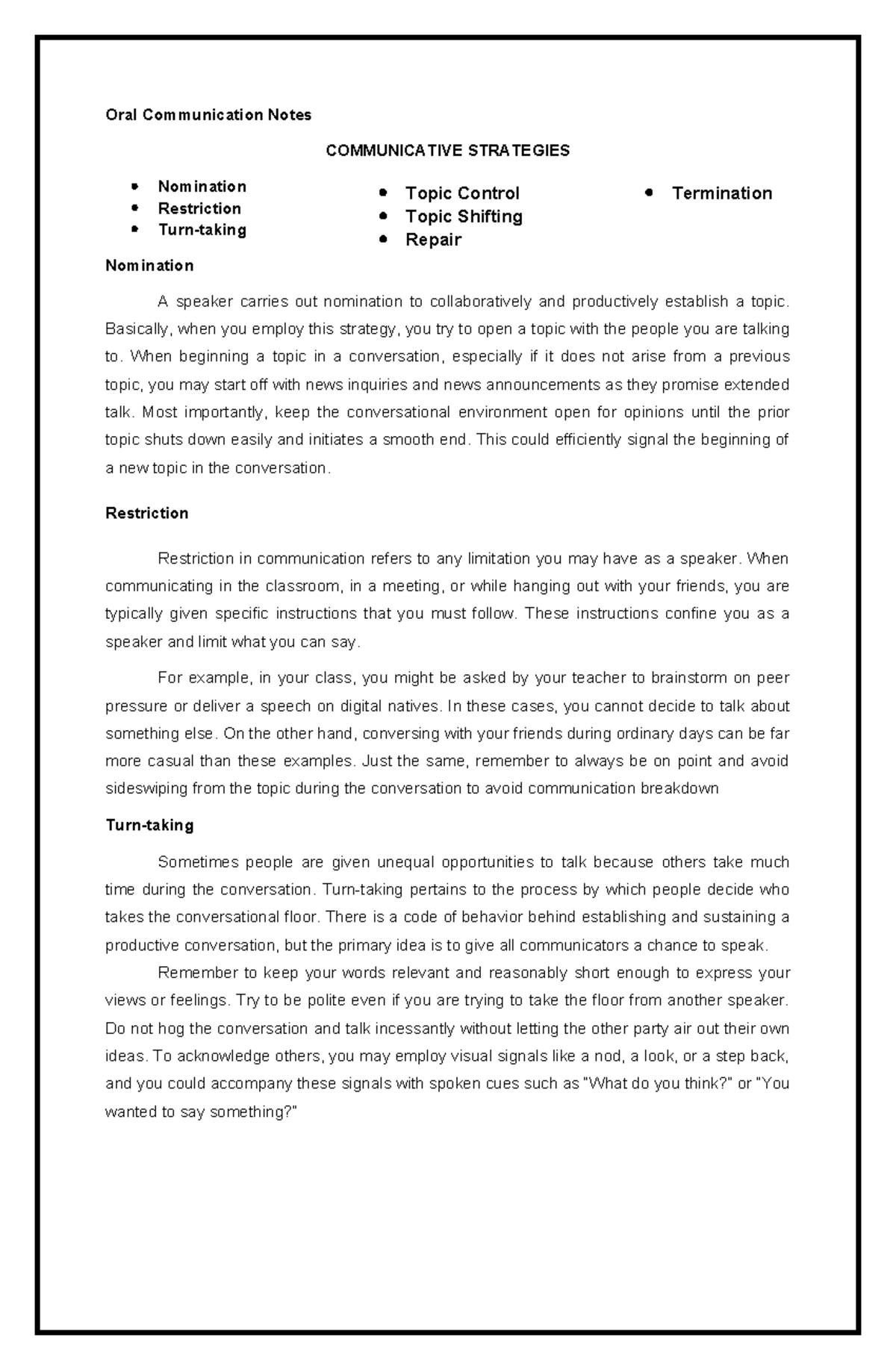 COMM 101: Oral Communication Notes on Communicative Strategies - Studocu