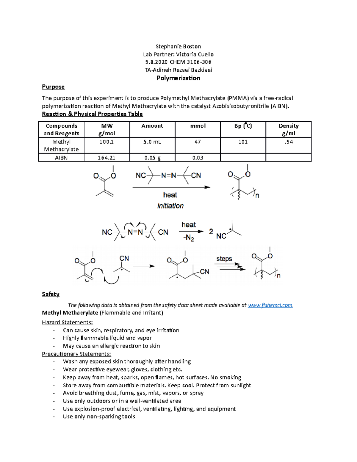 Lab Report 2 - CHEM 3106 Polymerization of Methyl Methacrylate - Studocu