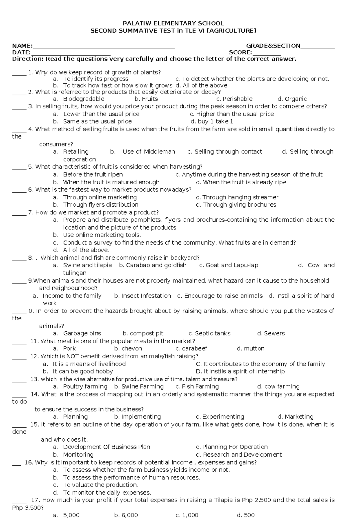 TLE VI (AGRICULTURE) Third Summative Test Questions and Answers - Studocu