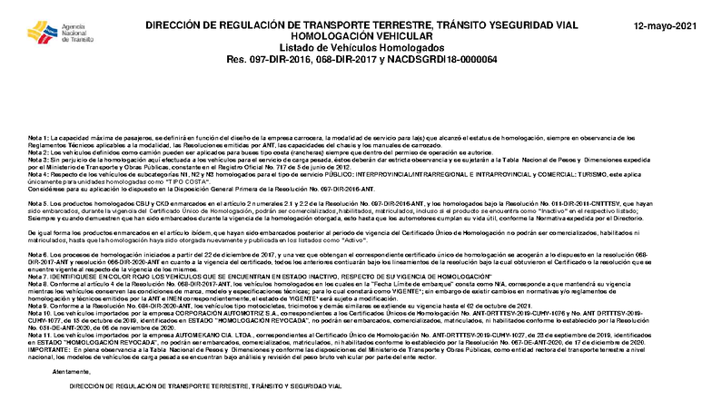 Homologacion Vehicular ANT 12-05-2021 - DIRECCIÓN DE REGULACIÓN DE ...