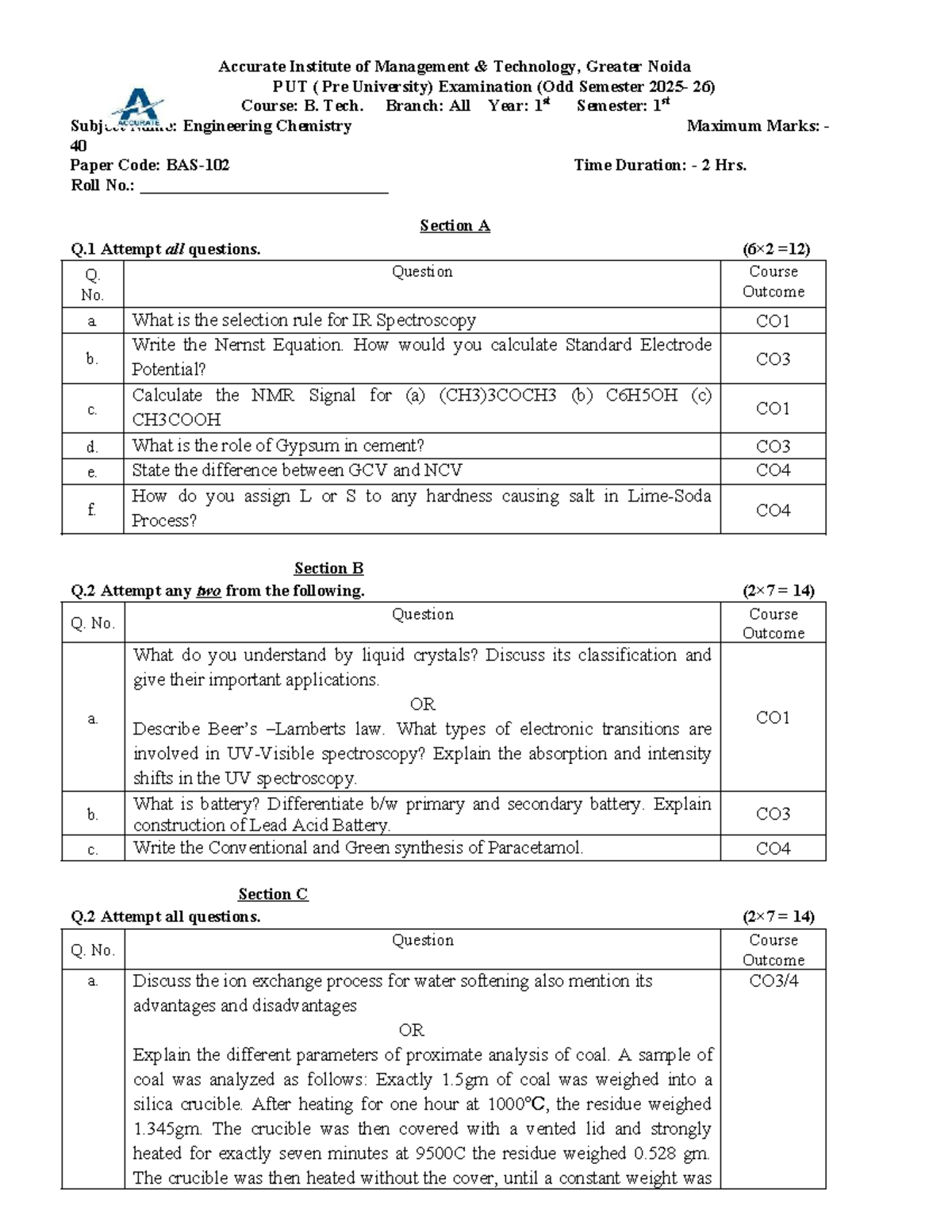 Chemistry Sessionals Test 3 - B. Tech. Engineering Chemistry (1st Sem ...