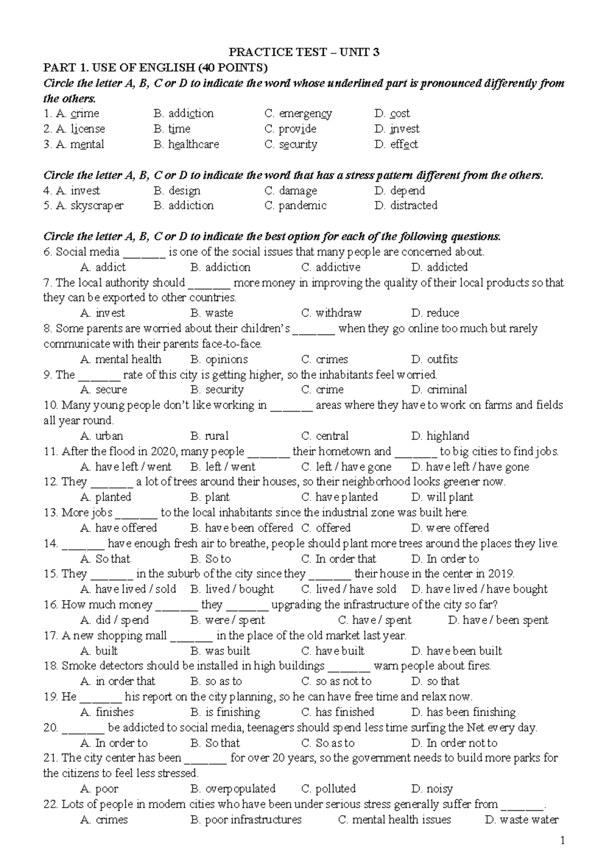 Practice Test - Unit 3: Use of English (40 Points) - Studocu