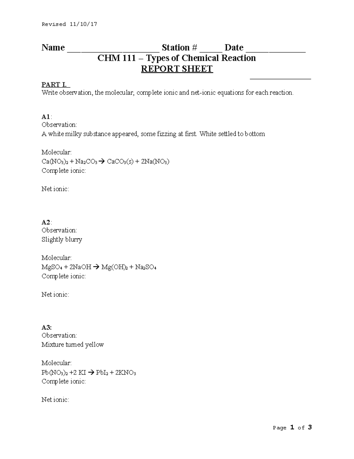 CHM 111 Report Sheet: Types of Chemical Reactions Observations ...