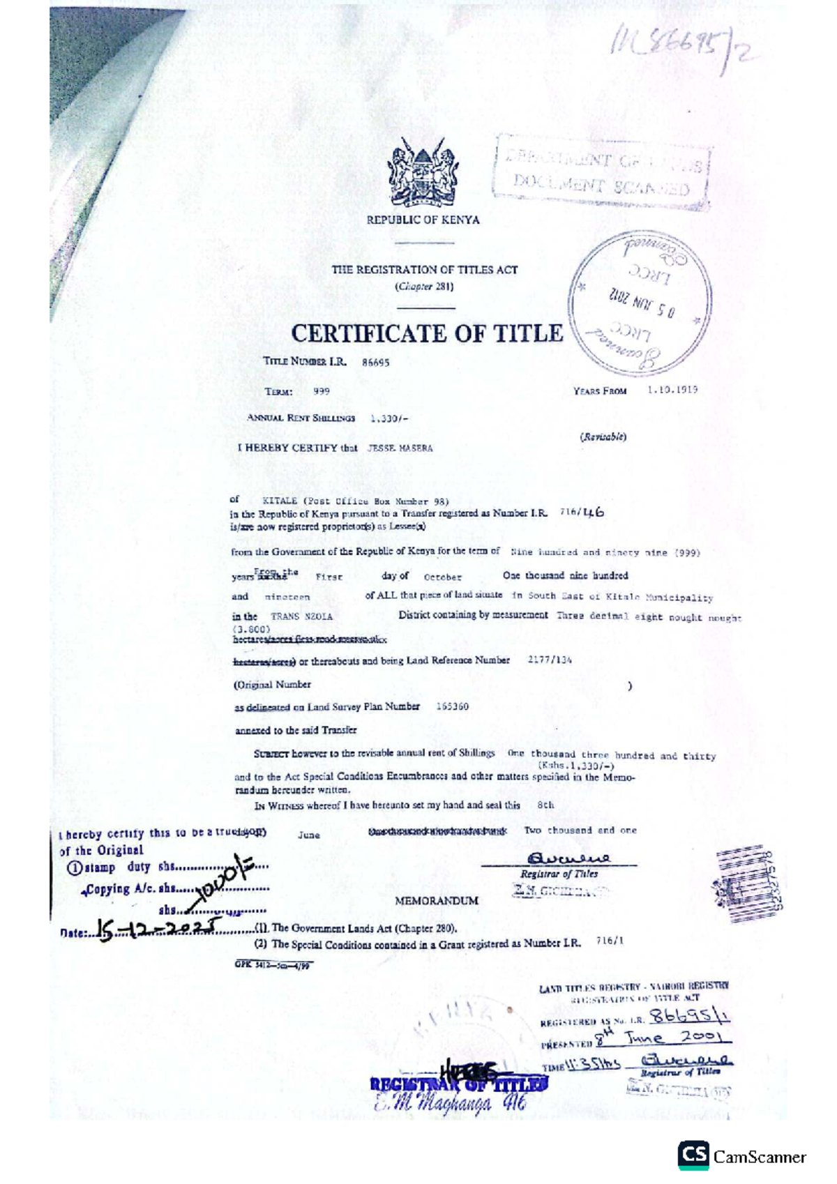 Certificate of Title Registration - LRCC Chapter 281, Kenya - Studocu