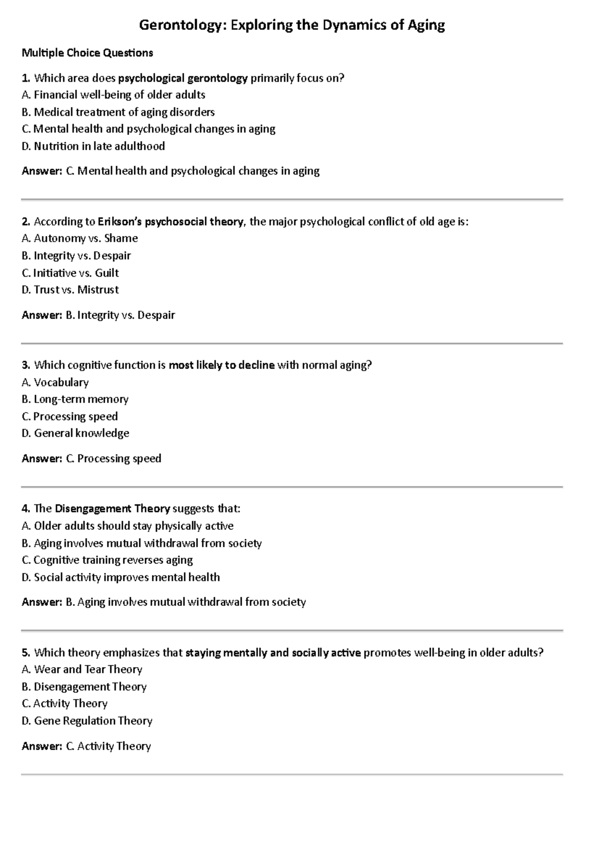 Gerontology mcqs - Gerontology: Exploring the Dynamics of Aging ...