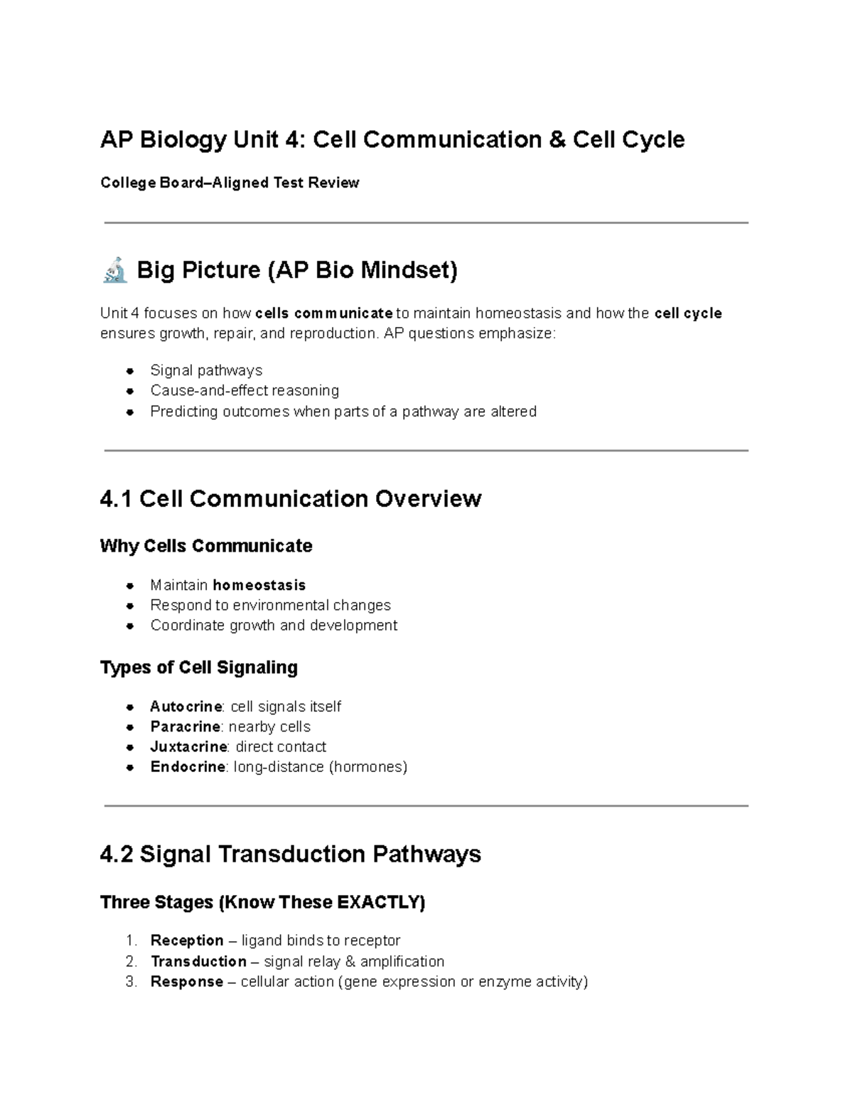 AP Biology Unit 4: Cell Communication & Cycle Test Review - Studocu