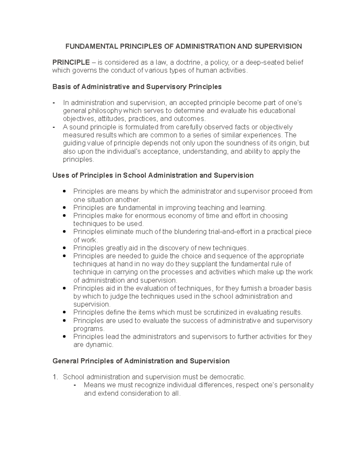 Fundamental Principles of Admin & Supervision: Key Insights - Studocu