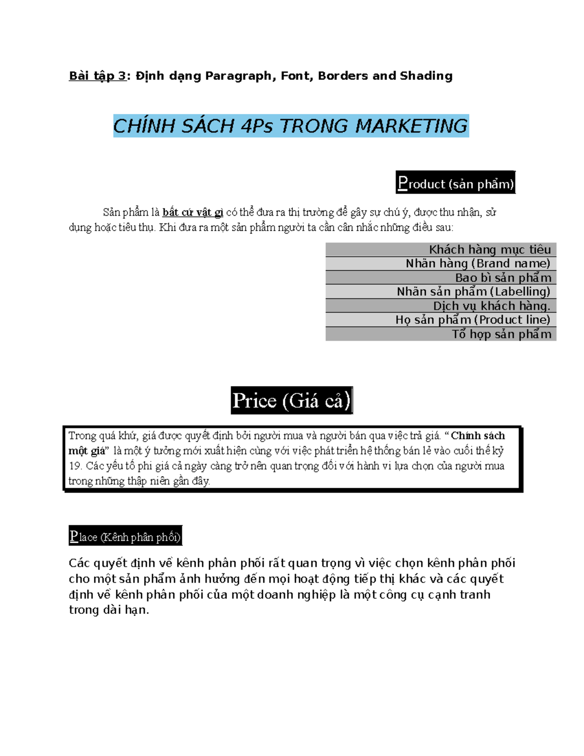 TIN - Đề cương tin học - Bài tập 3: Định dạng Paragraph, Font, Borders ...