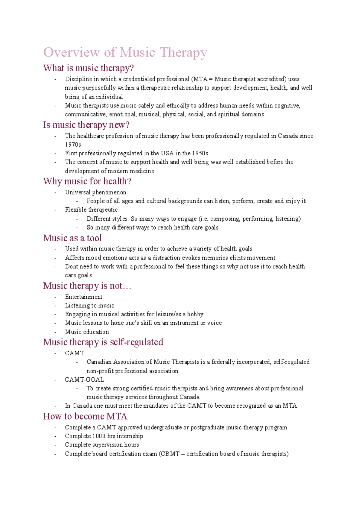 Music therapy - notes from slides - Overview of Music Therapy What is ...
