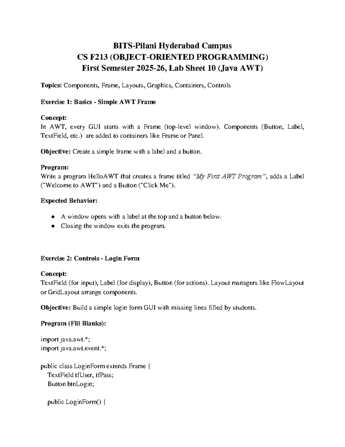 Hyderabad Campus CS F213 Programming First Semester Lab Sheet 10 (Java ...