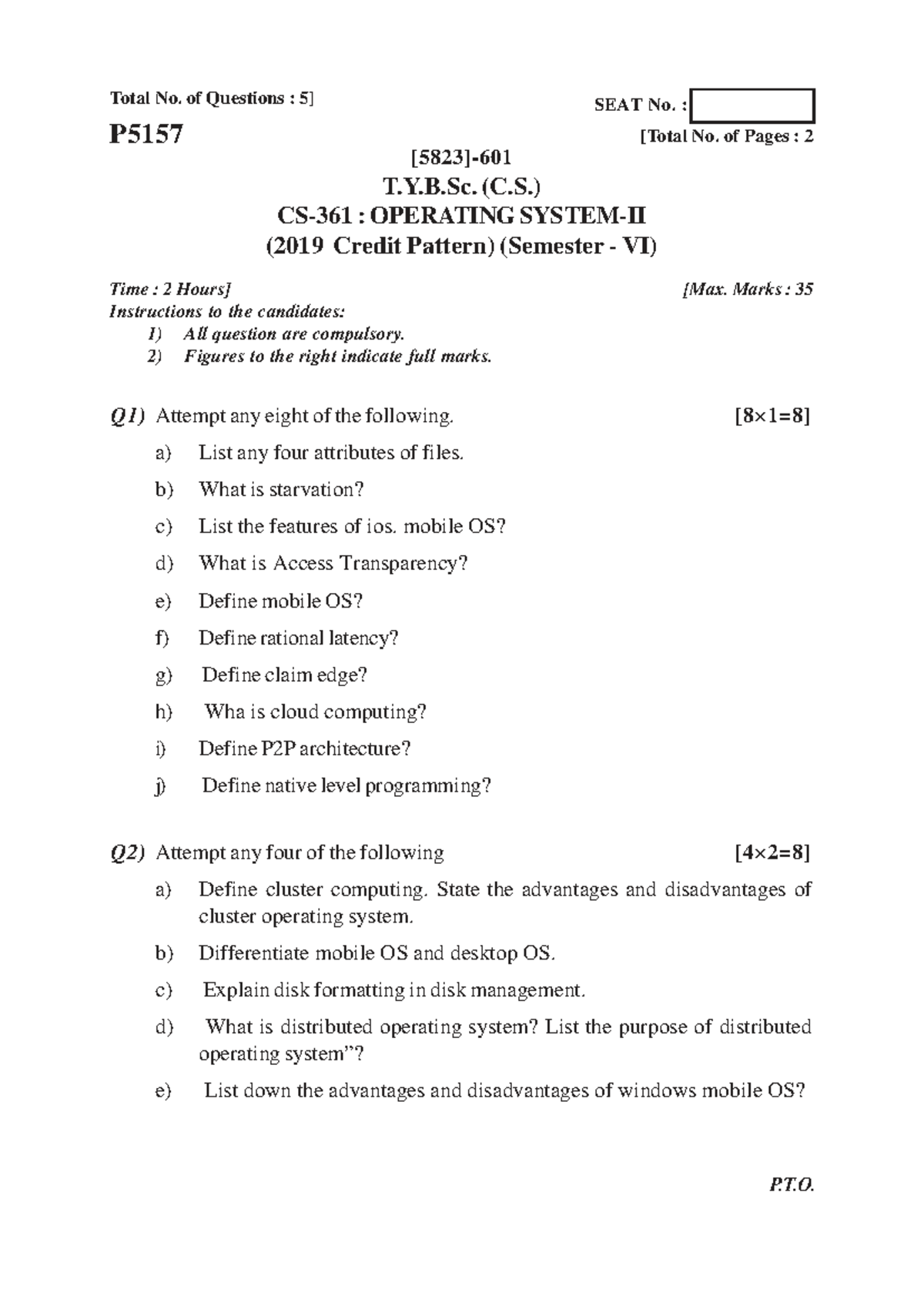T.Y. B.Sc. (C.S.) CS361: Operating Systems II Question Paper (2019 ...