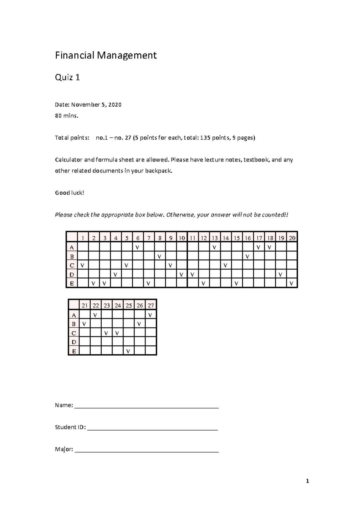 Exam 2020, questions and answers - Financial Management Quiz 1 Date ...