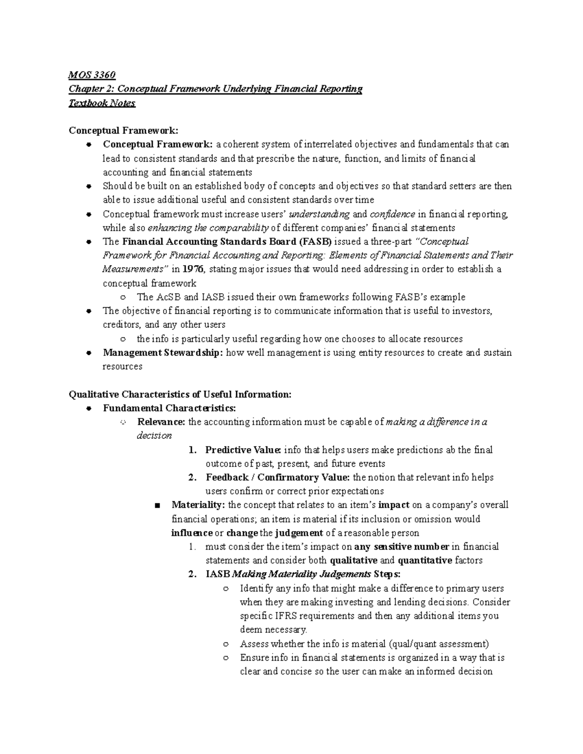 MOS 3360 Chapter 2: Notes on the Conceptual Framework for Financial ...