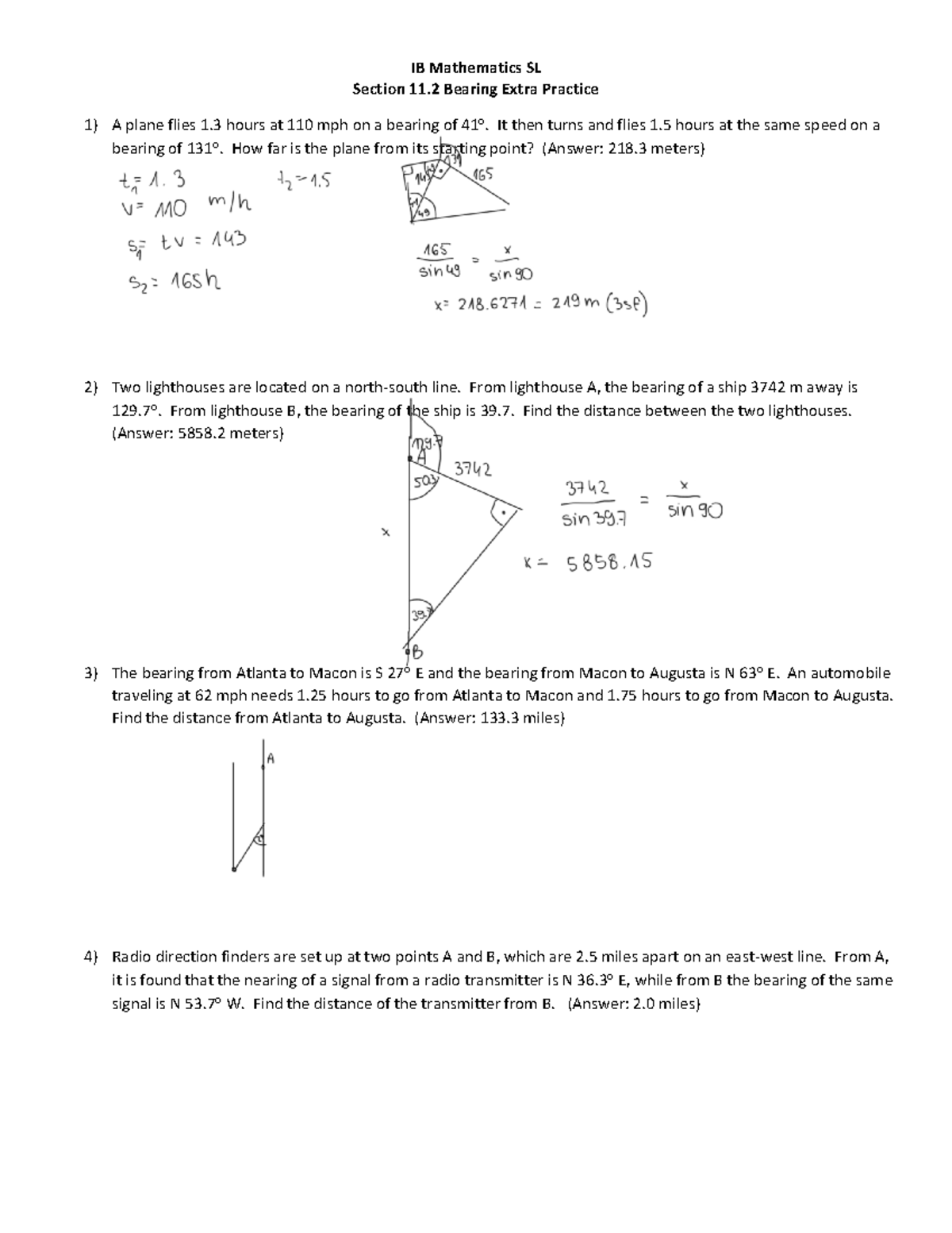IB Mathematics SL Section 11.2 Bearings Extra Practice Problems - Studocu