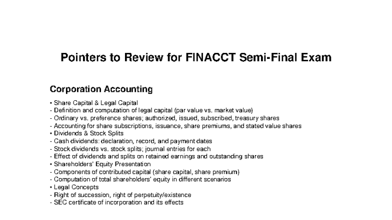 FINACCT Semi-Final Exam Pointers: Corporation Accounting & Equity ...