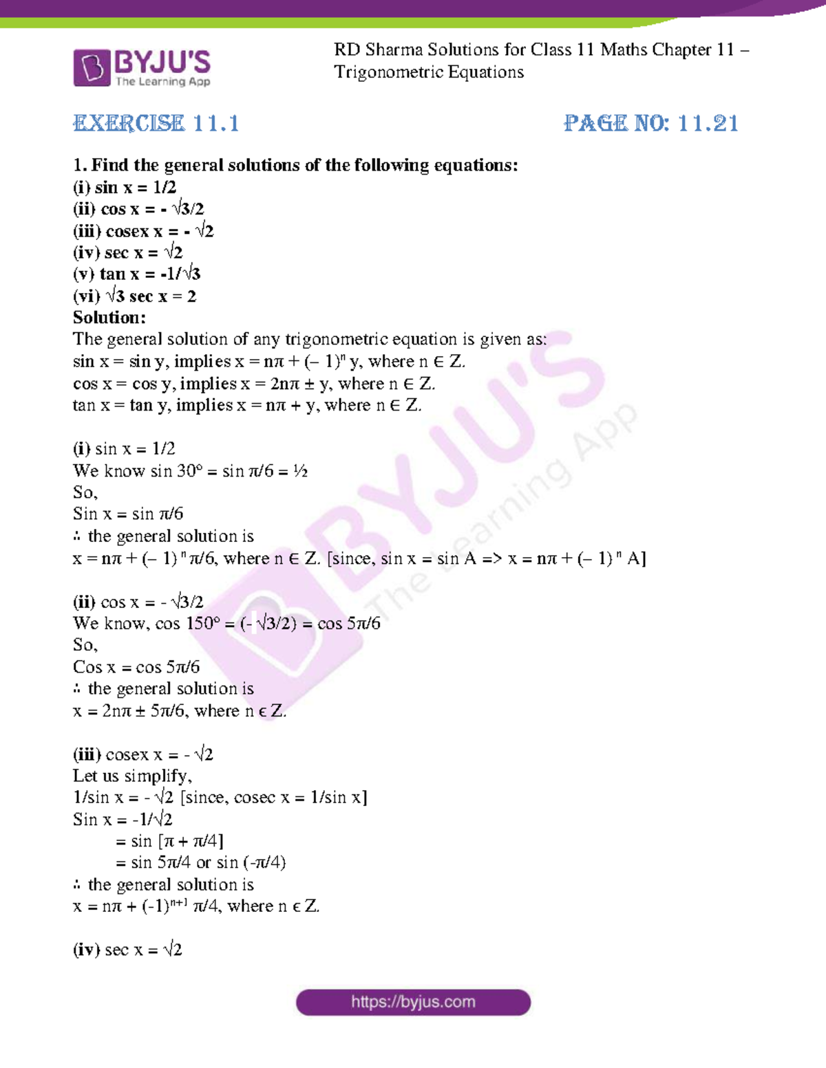 RD Sharma Class 11 Maths Chapter 11 Trigonometric Equations Solutions ...