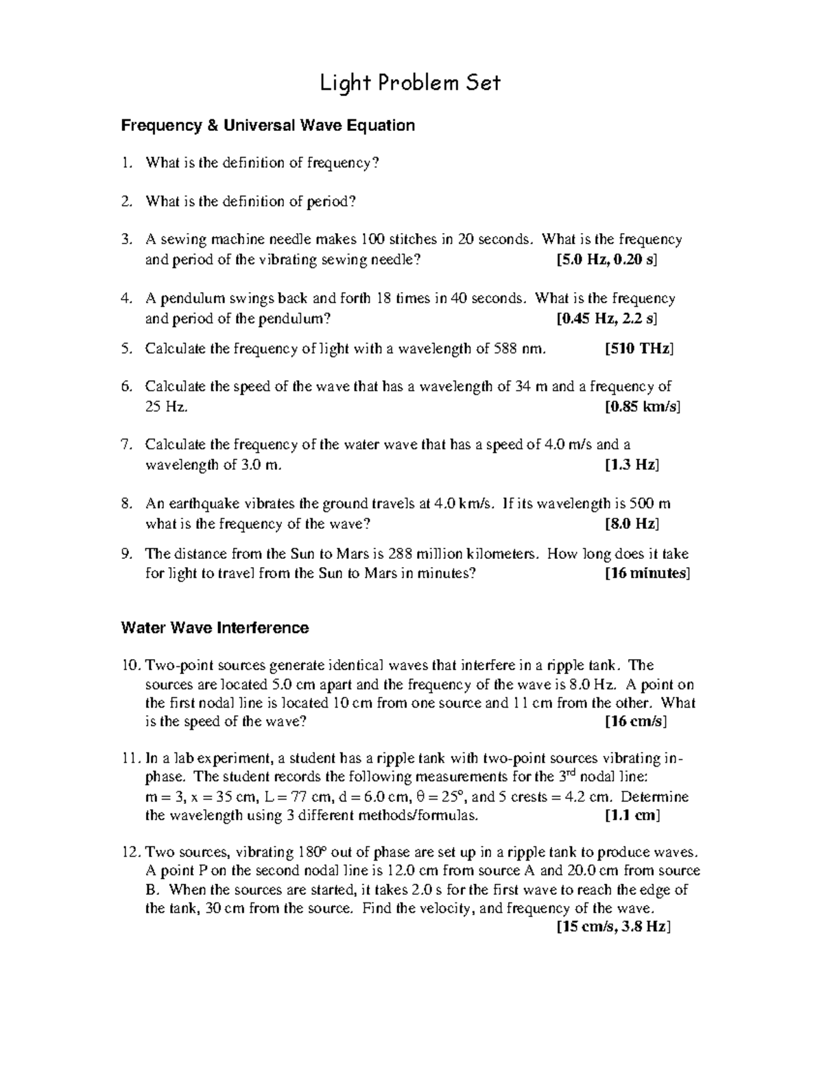 Light Problem Set: Frequency & Wave Equation Analysis - Studocu