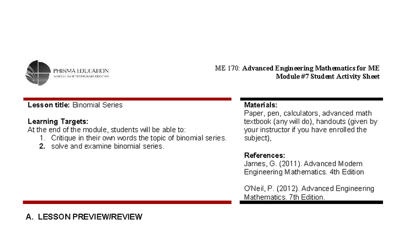 ME 170: Advanced Engineering Mathematics - Lesson on Binomial Series ...