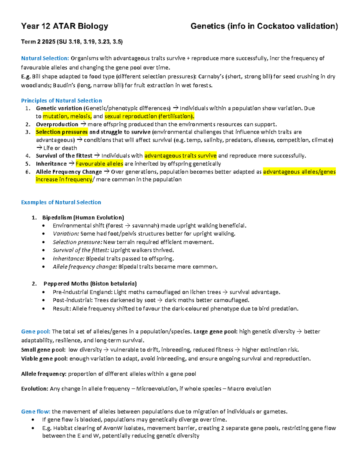 Year 12 ATAR Biology Term 2 2025: Genetics & Natural Selection Notes ...