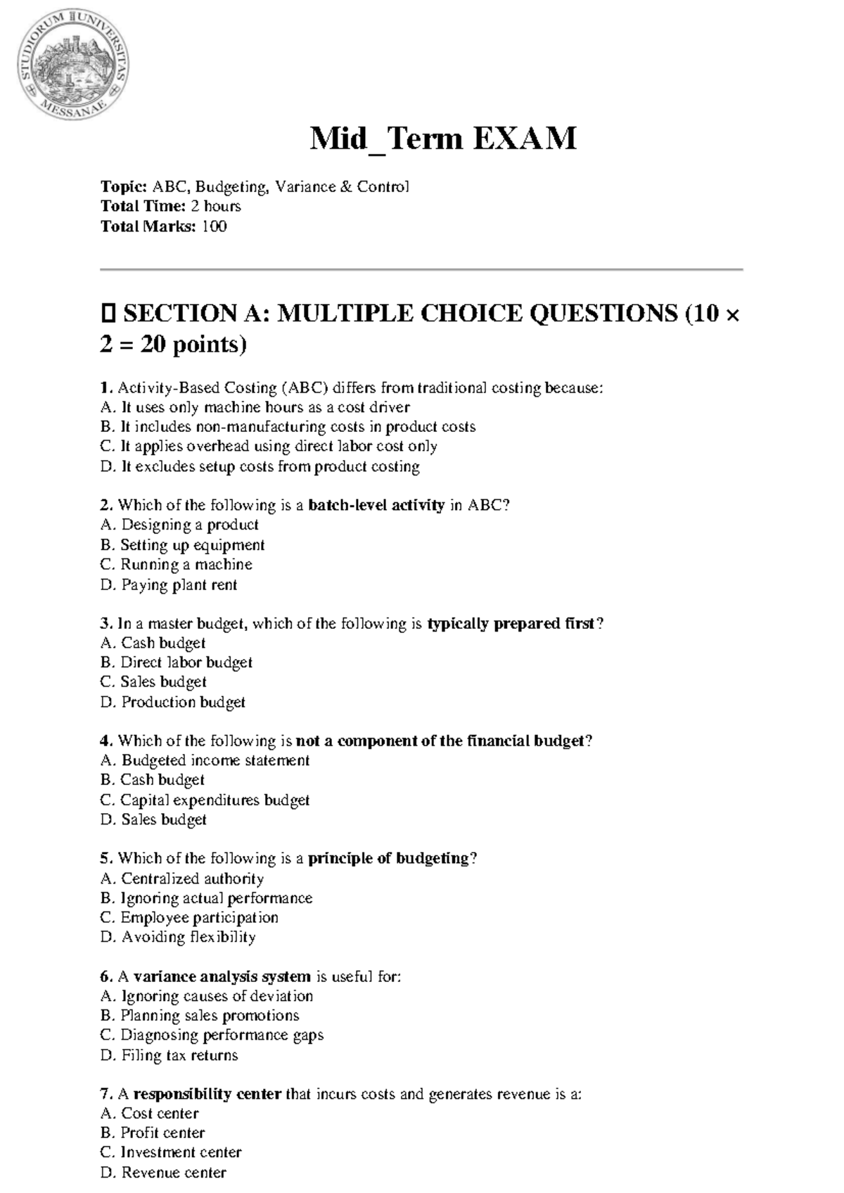 Midterm Exam: Managerial Accounting - ABC, Budgeting & Variance Control ...