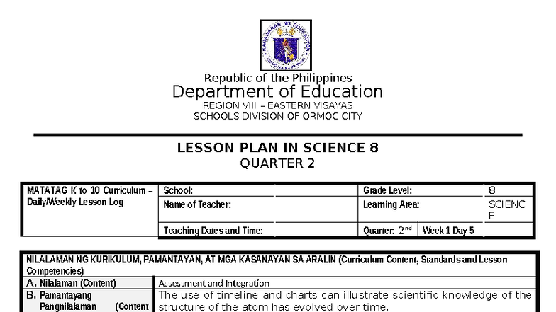 G8 SCIENCE 8 Q2 W1 D5 Lesson Plan: Understanding Atomic Structure - Studocu