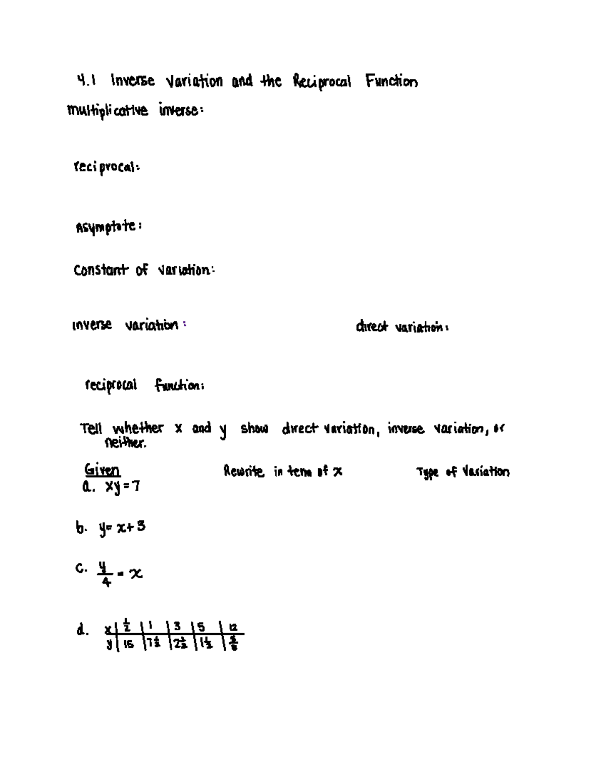 Inverse Variation and Reciprocal Functions – Math Concepts and Graphs ...