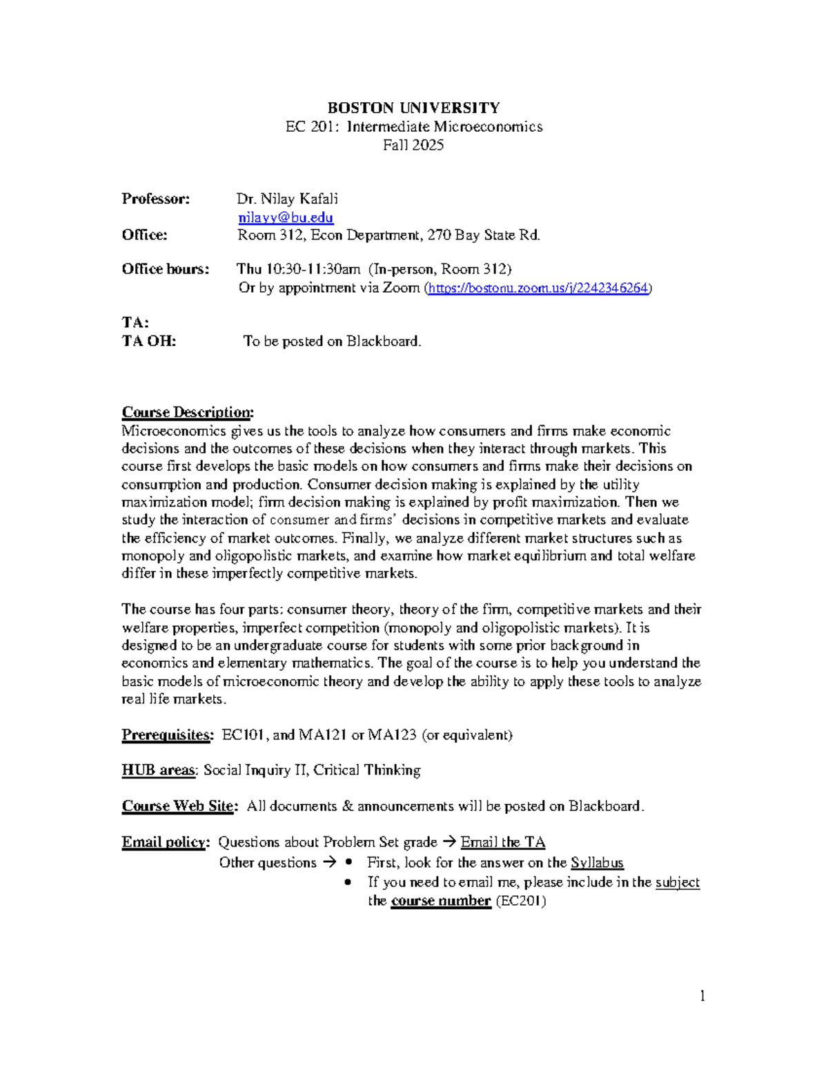 EC 201: Intermediate Microeconomics Syllabus Fall 2025 Overview - Studocu