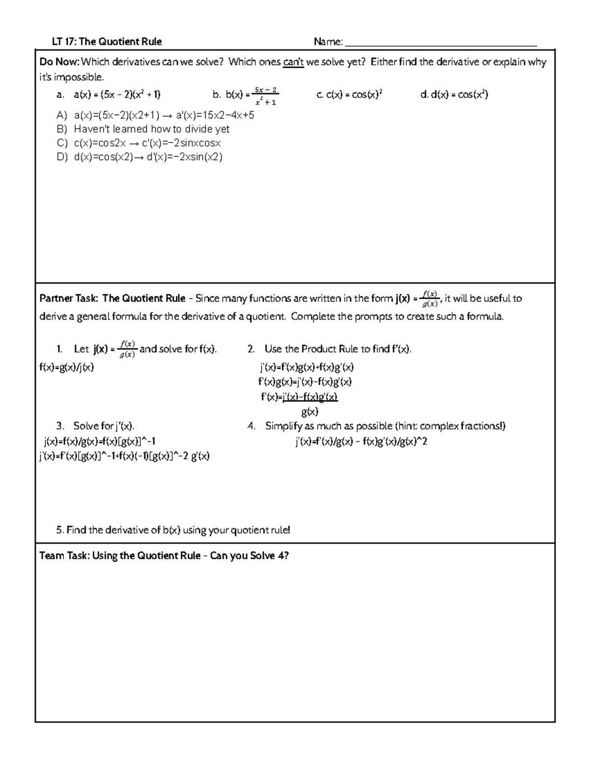 LT 17: Quotient Rule Derivatives and Applications in Calculus - Studocu