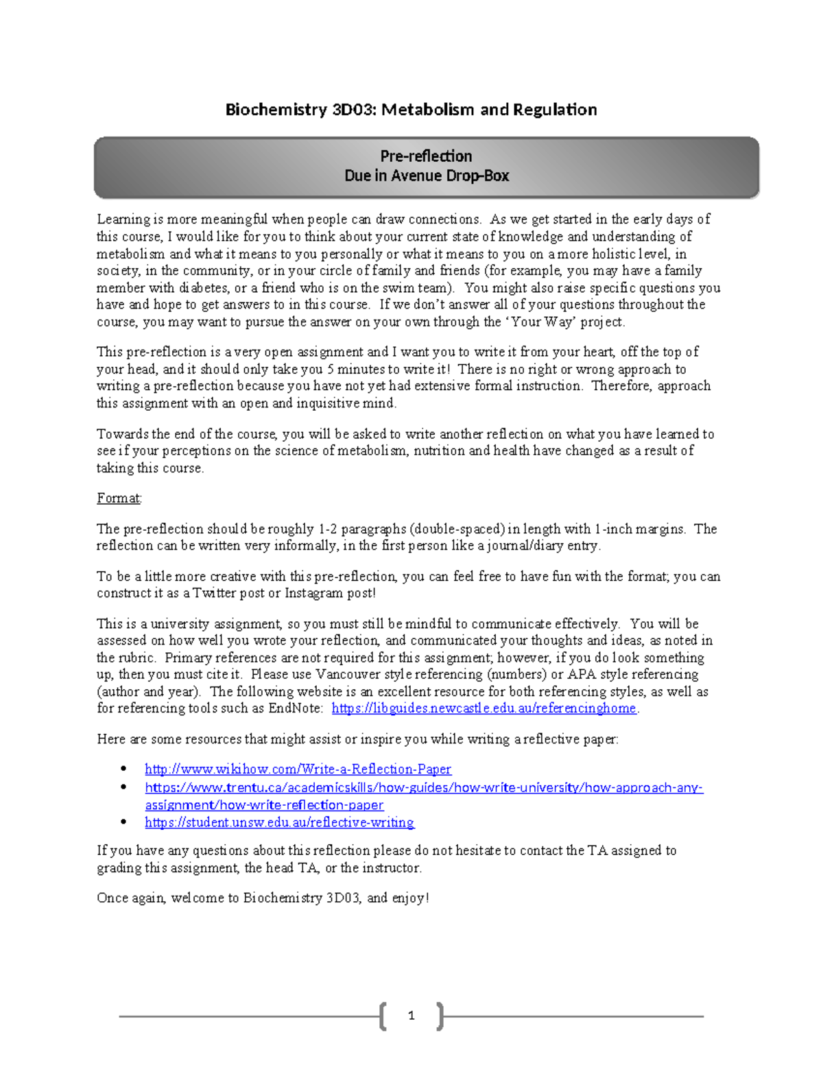 Biochemistry 3D03: Pre-Reflection Guidelines on Metabolism - Studocu