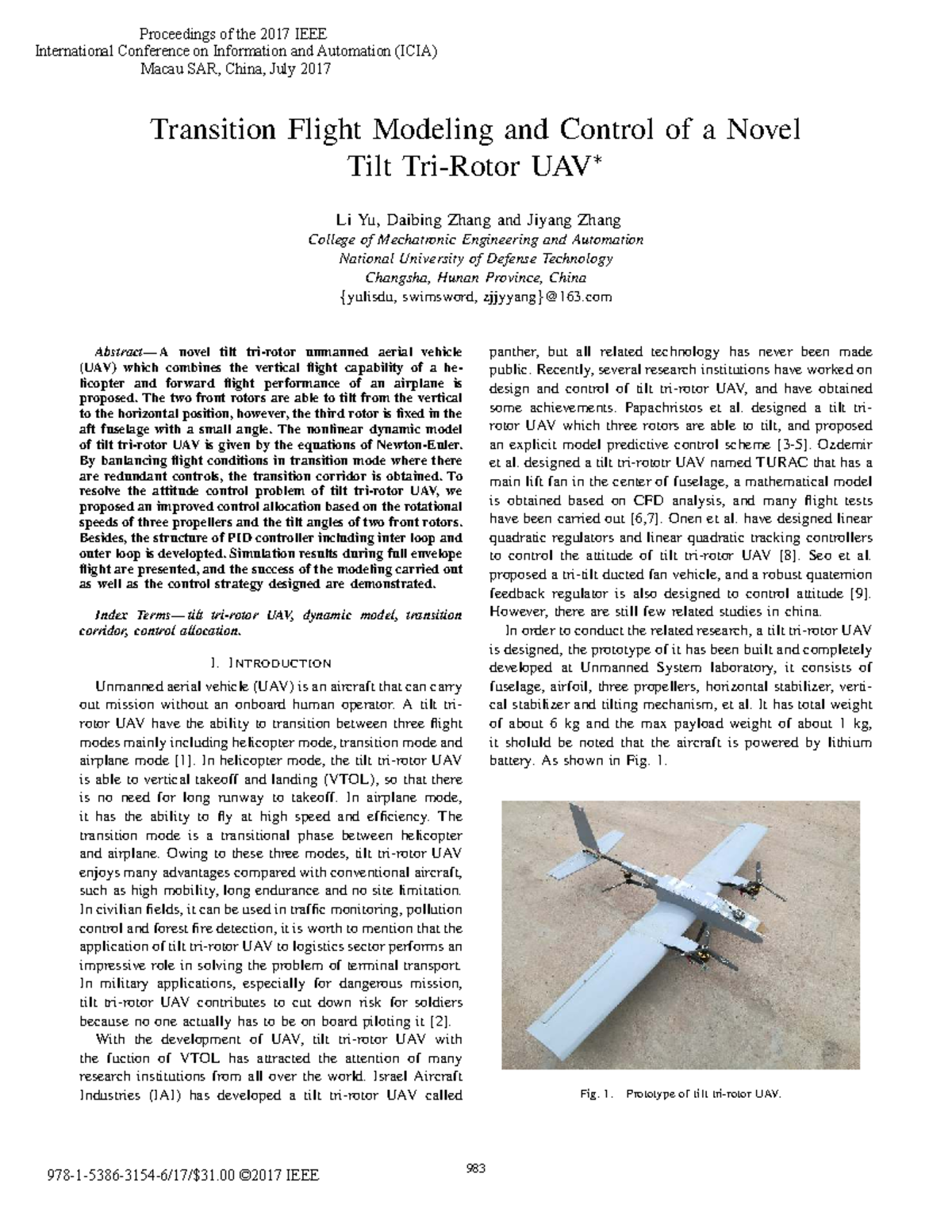Transition Flight Control of a Novel Tilt UAV: ICIA 2017 Proceedings ...