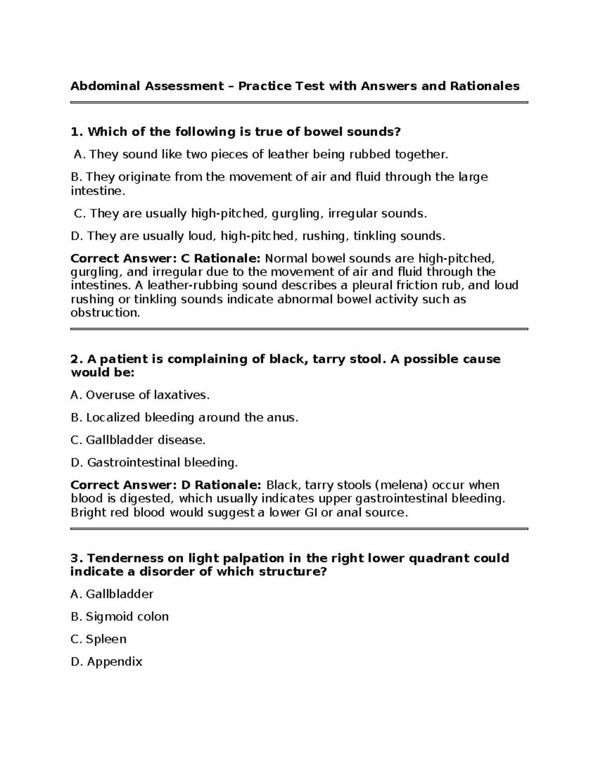 Abdominal Assessment Q&A Practice Test with Answers and Rationales ...
