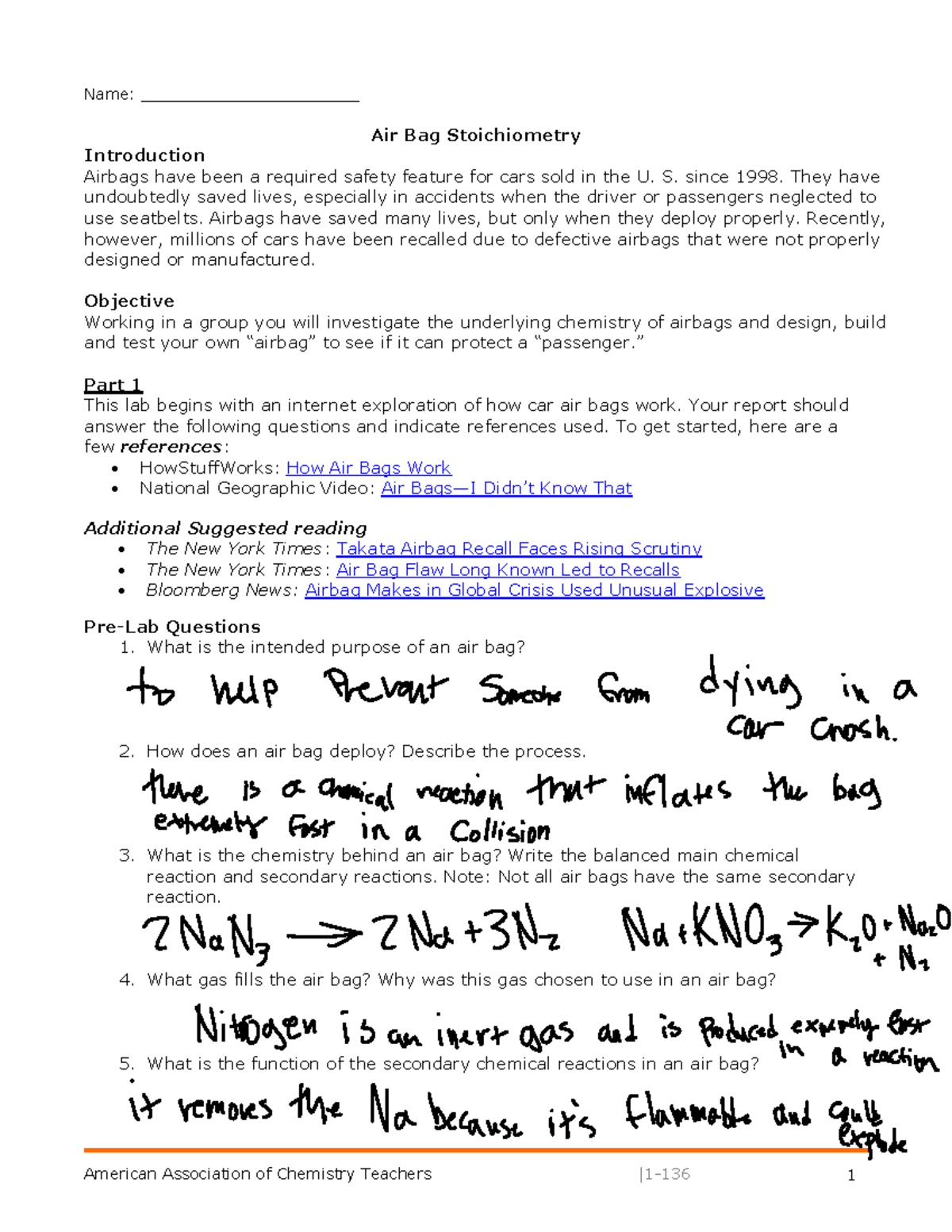 Project Air Bag: Chemistry and Stoichiometry Lab Report - Studocu