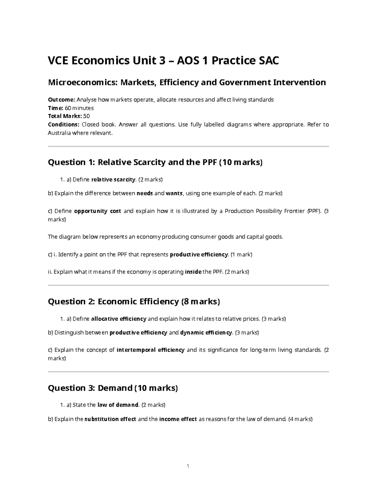 VCE Economics Unit 3 AOS 1 Microeconomics Practice SAC Guide - Studocu