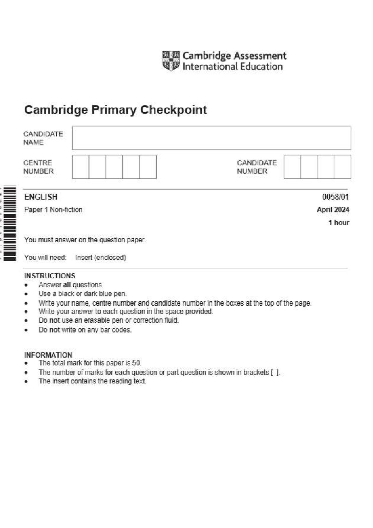Cambridge Primary Checkpoint English 0844 April 2024 Paper 1 Exam Guide ...