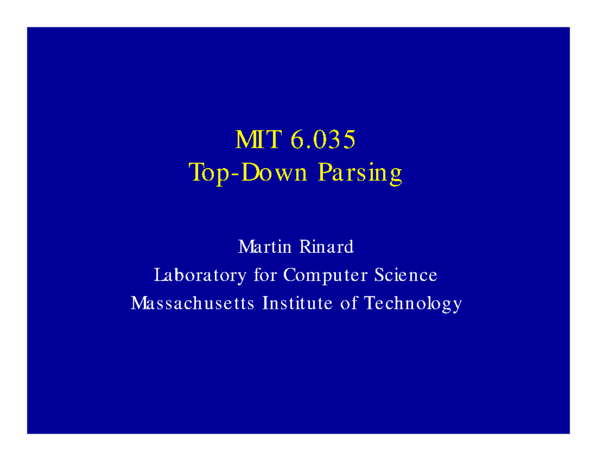 Lecture 4: Top-Down Parsing Techniques - MIT 6.035 - Studocu