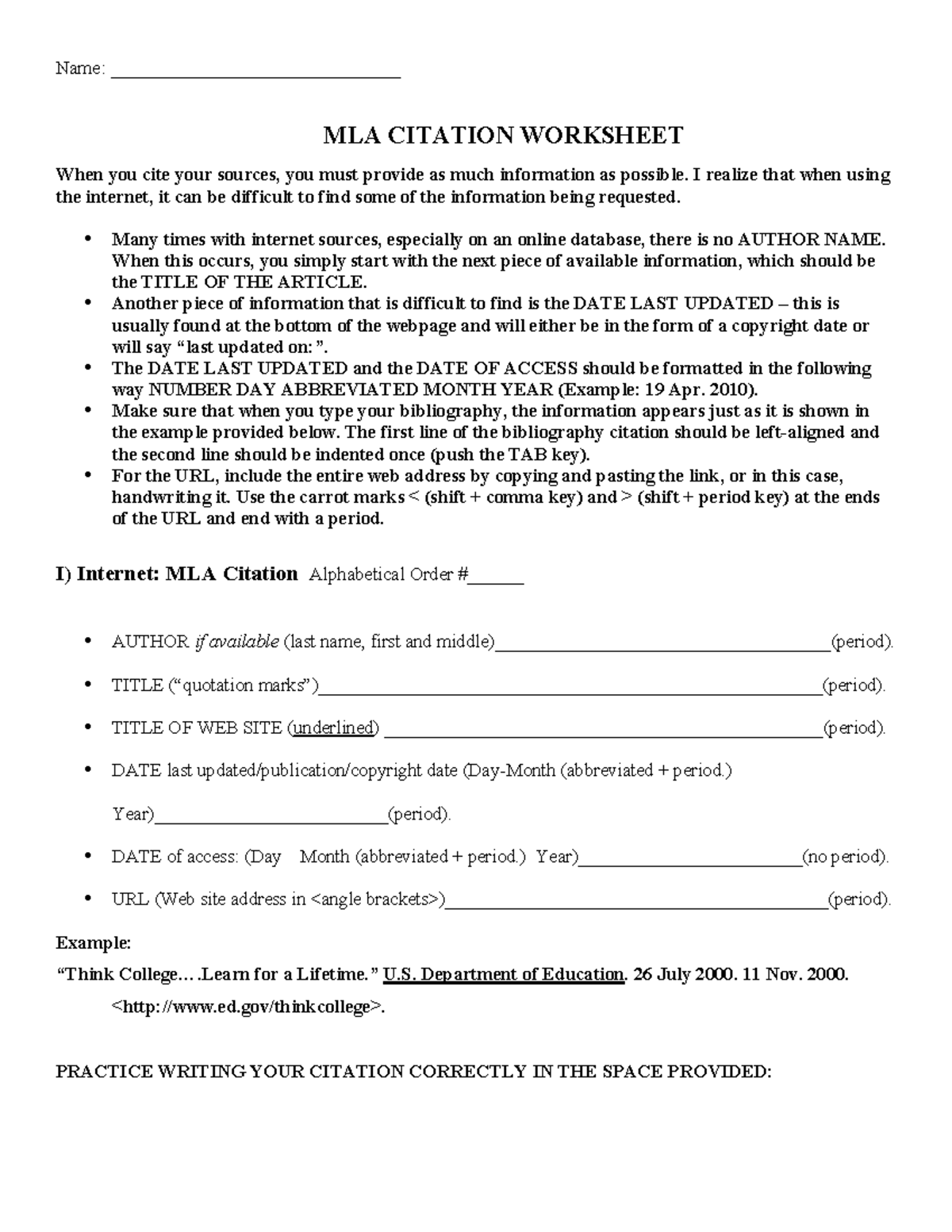 Works Cited and In-Text Citation Worksheet - Name ...