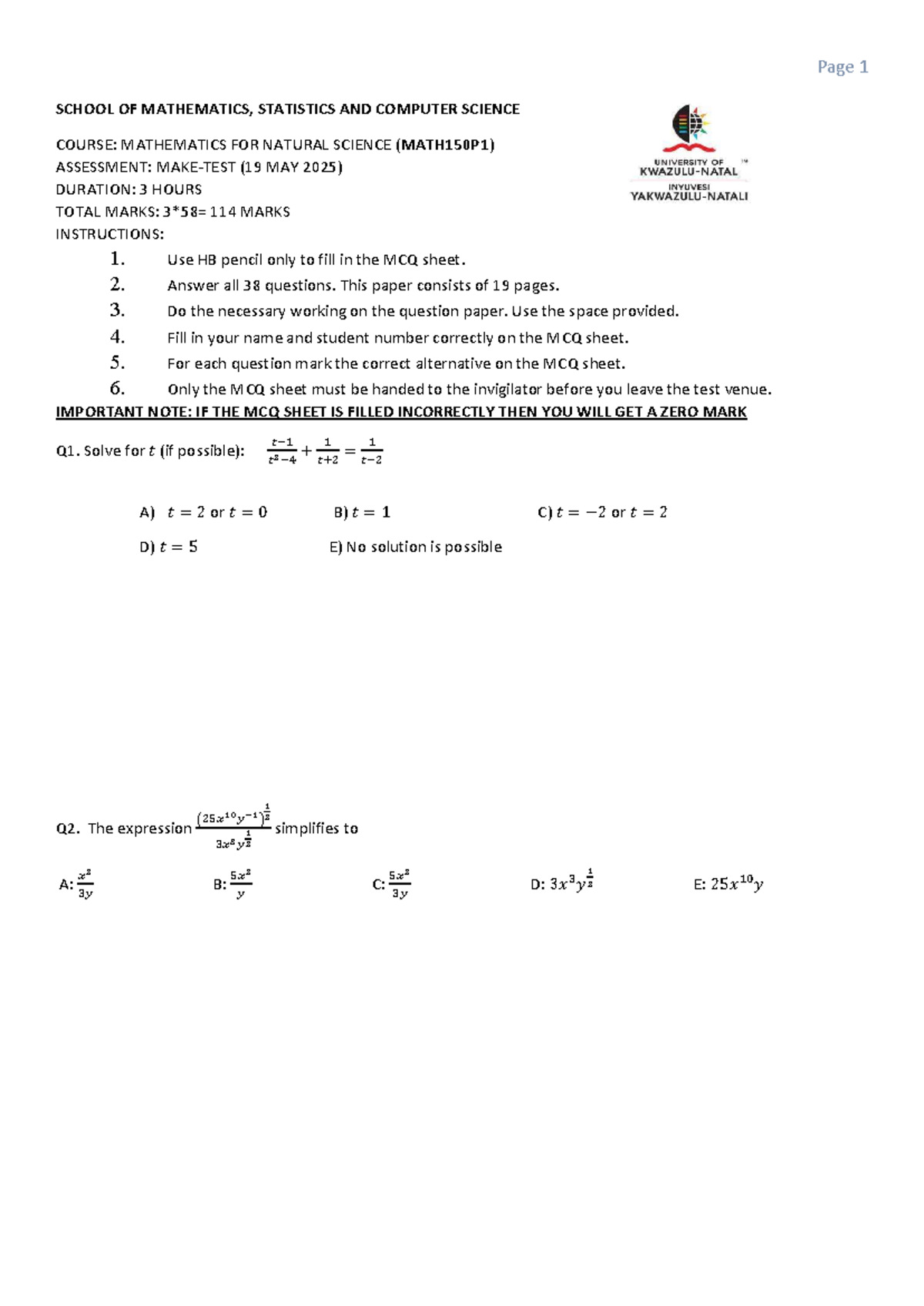 Make-Up Test for MATH150P1: Mathematics for Natural Science - Studocu