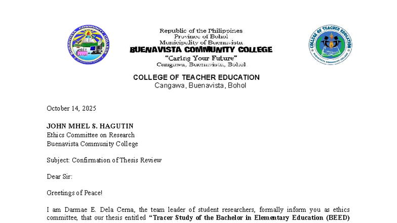 Confirmation of Thesis Review for BEED Graduates - Ethics Letter - Studocu