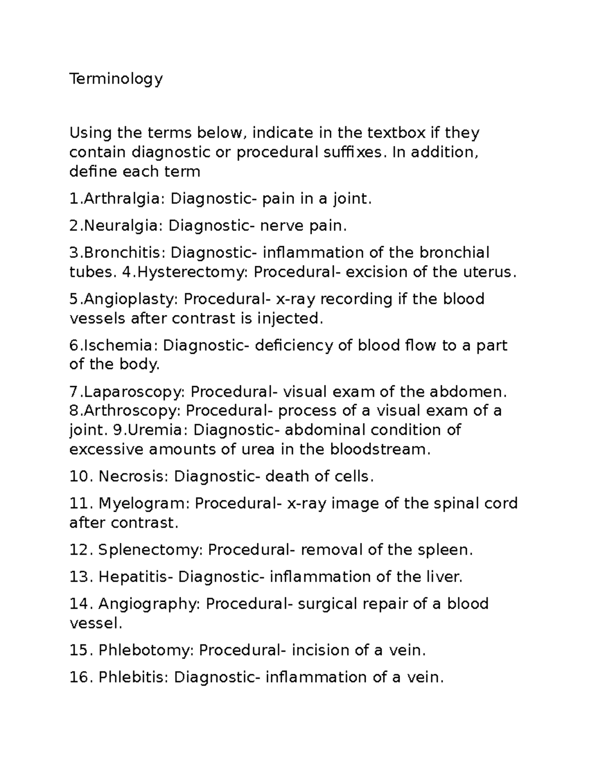 AP1 Medical Terminology Term 2: Diagnostic & Procedural Suffixes - Studocu