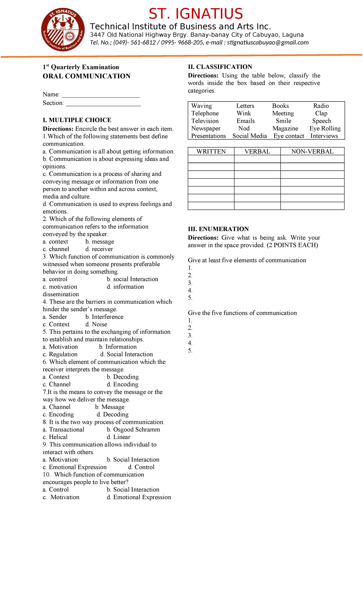 1ST Quarter Exam: ORAL Communication - ST. IGNATIUS Institute - Studocu
