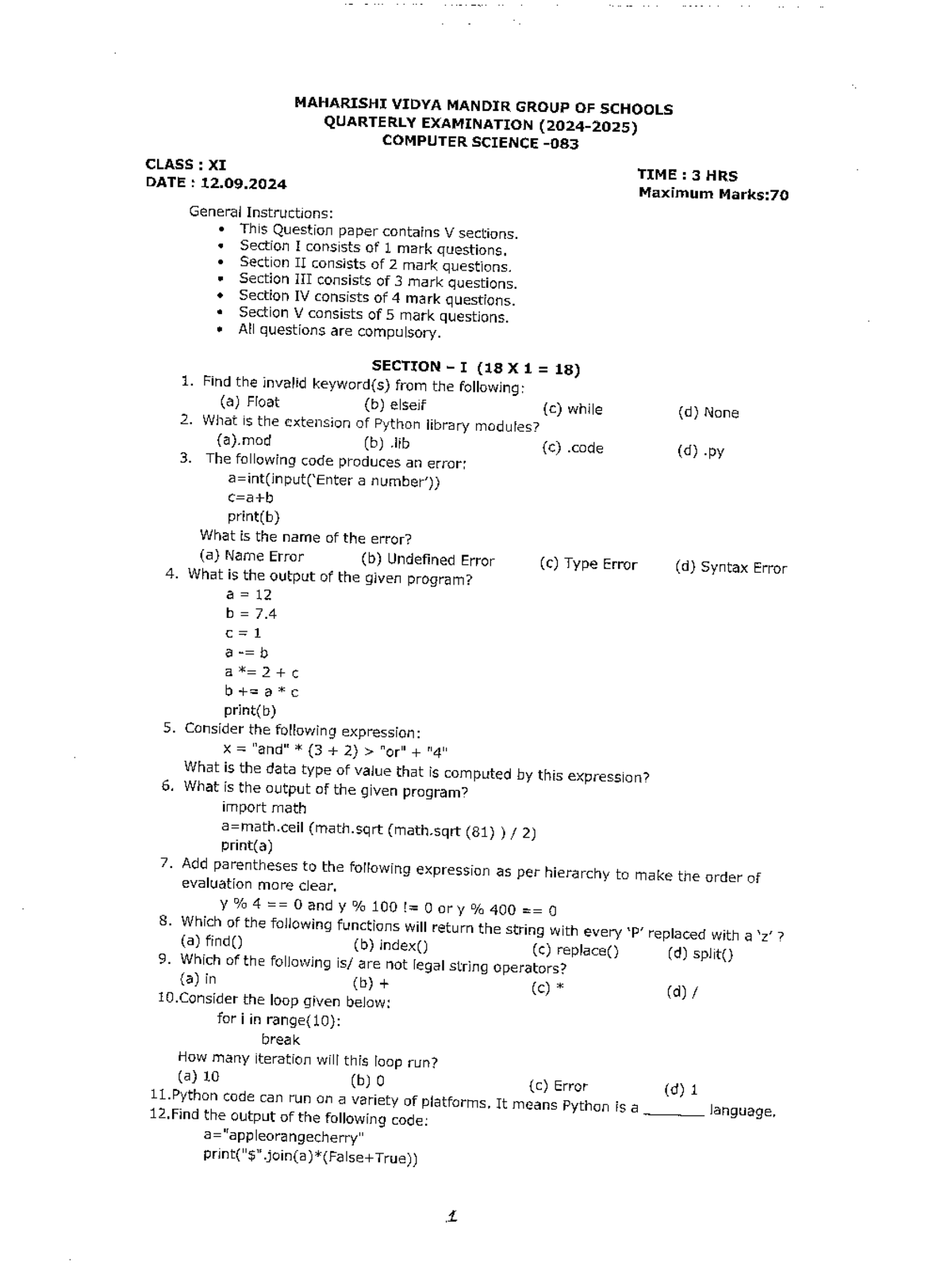Quarterly Exam QP: Computer Science Class XI (MAHARISHI VIDYA MANDIR) - Studocu