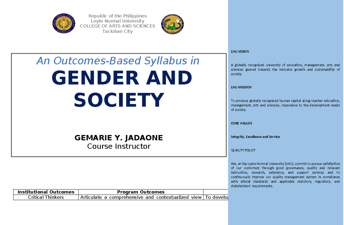 Syllabus for Gender and Society (GE 116) - Semester 1, SY 2022-2023 ...