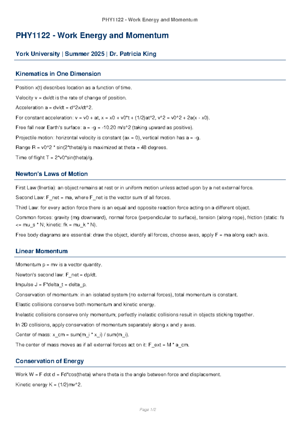 PHY1122 Summer 2025 Study Notes: Work, Energy & Momentum - Studocu