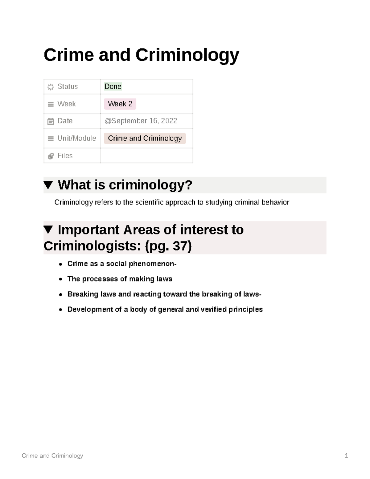 Week 2- Crime and Criminology - Crime and Criminology Status Done Week ...