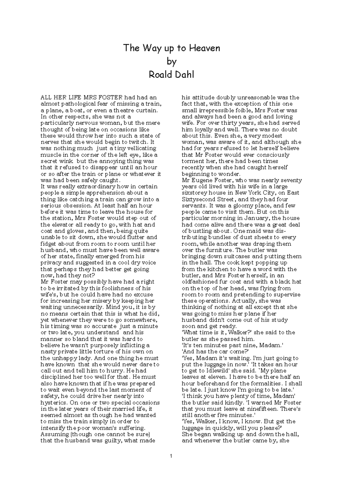 The Way Up to Heaven: An Analysis of Roald Dahl's Short Story - Studocu