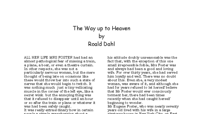 The Way Up to Heaven: An Analysis of Roald Dahl's Short Story - Studocu