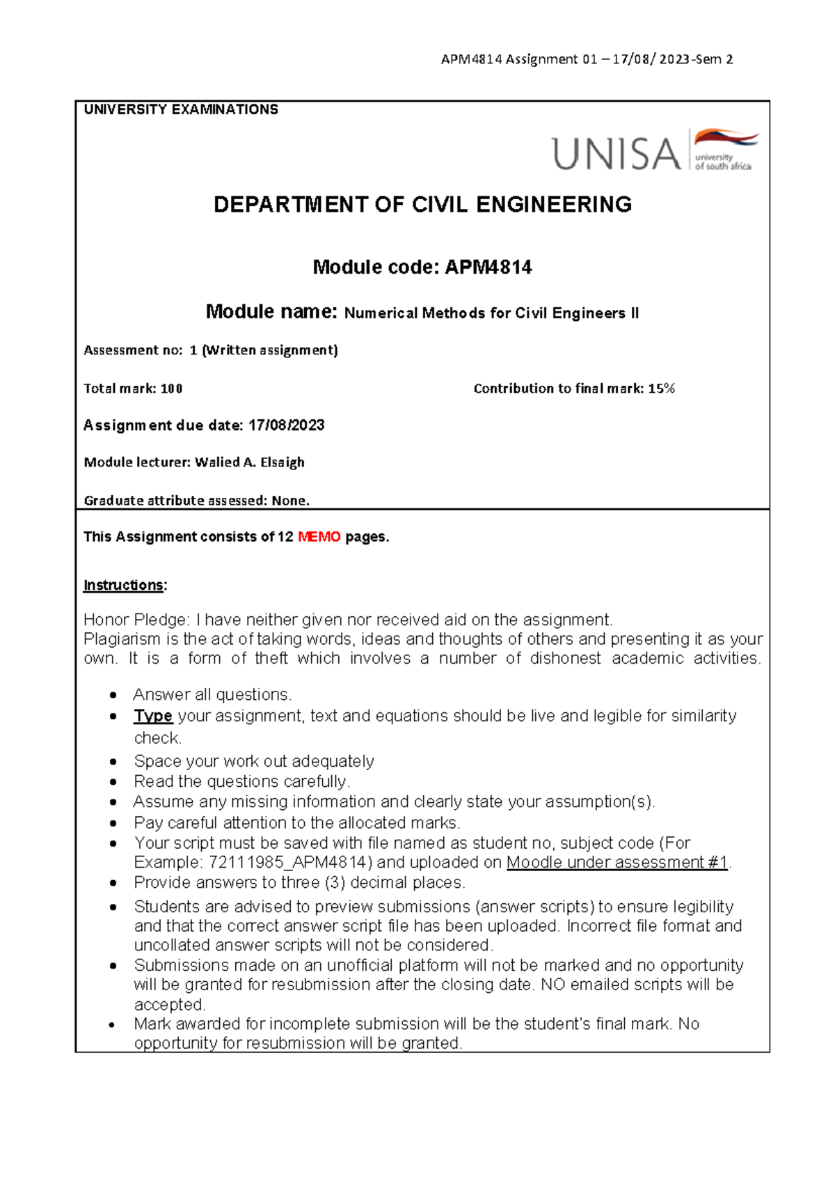 APM4814 Numerical Methods for Civil Engineers II - Assignment 01 Memo ...