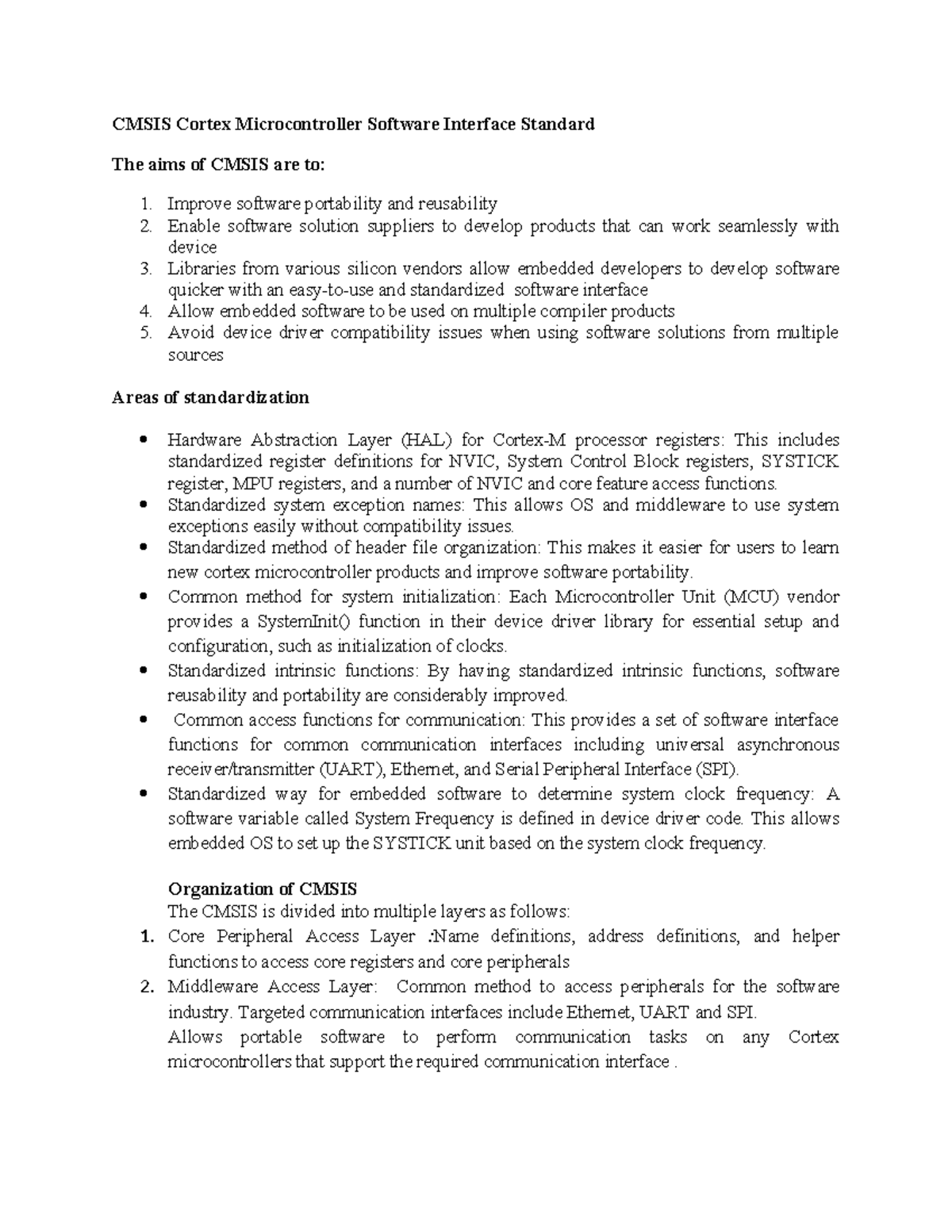 CMSIS Cortex Microcontroller Software Interface Standard Overview - Studocu