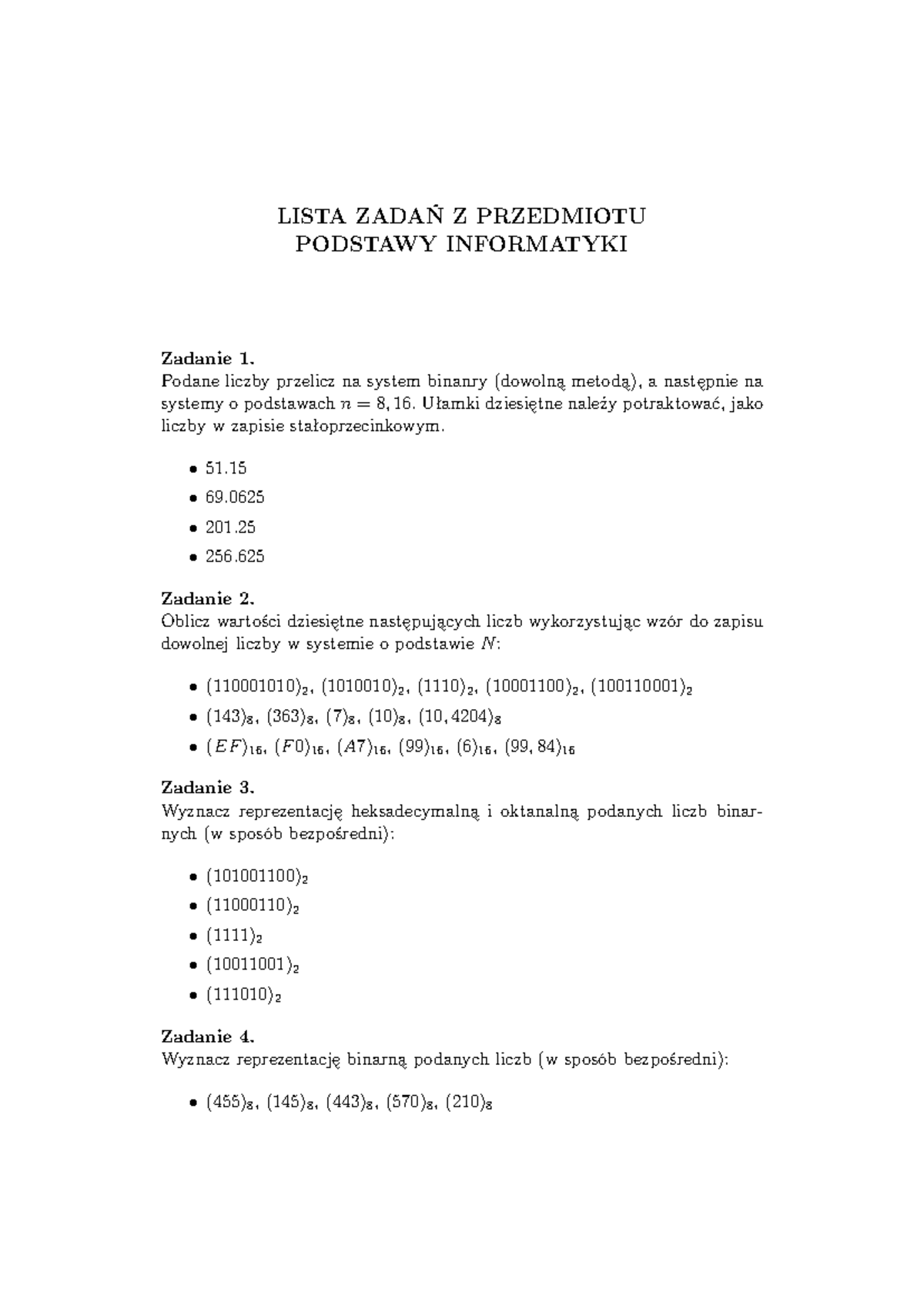 ćwiczenia kodowanie 1 - LISTA ZADAŃ Z PRZEDMIOTU PODSTAWY INFORMATYKI ...