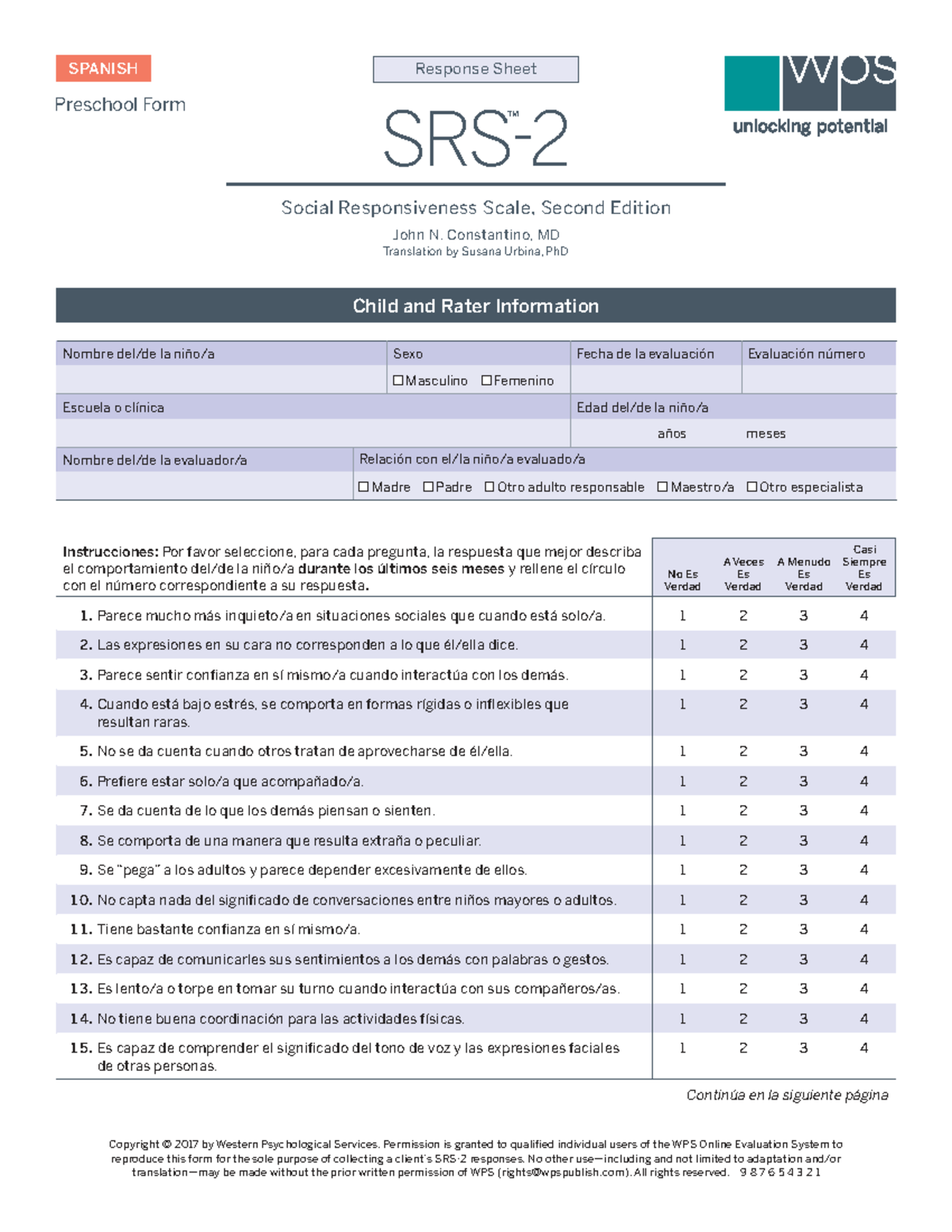 SRS 2 Preschool Age - Social Responsiveness Scale Response Sheet - Studocu